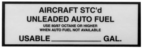 Aircraft STC Unleaded Auto Fuel Placard | Aircraft Spruce Australia